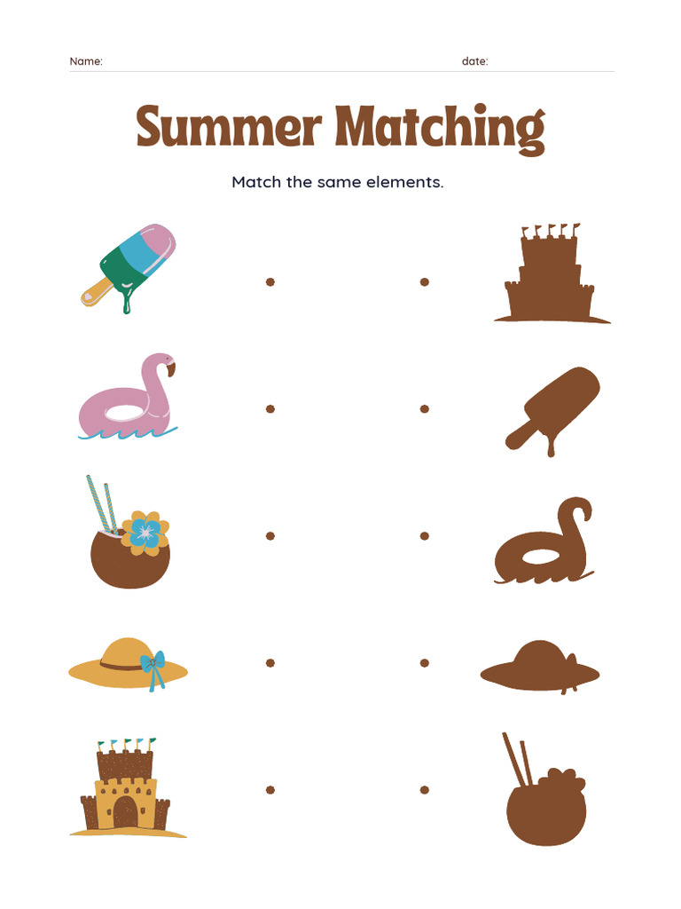 Summer Matching Worksheet in Colorful Illustrative Style | PDF