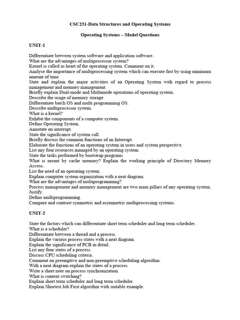 Operating Systems - Unit 1 & 2 - Model Questions | PDF | Scheduling (Computing) | Operating System