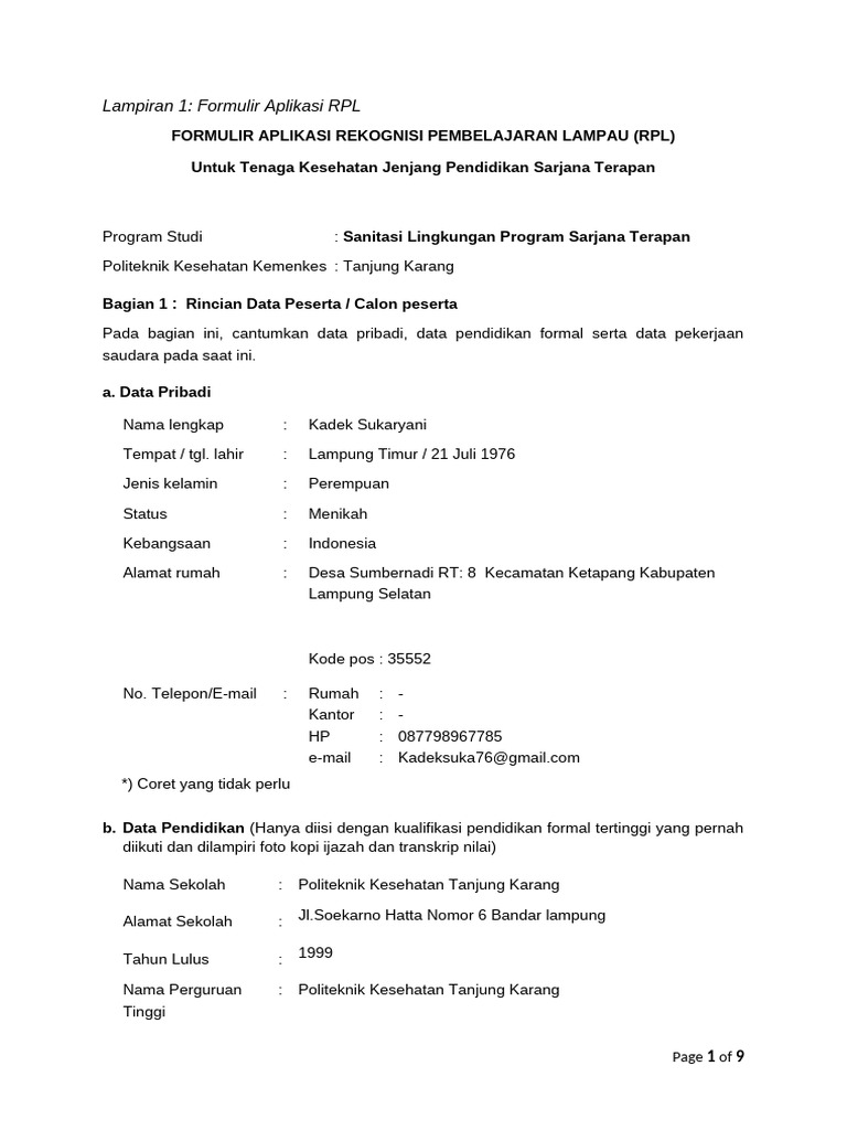 Lampiran 1 Form Aplikasi RPL Tipe A STR Sanling | PDF