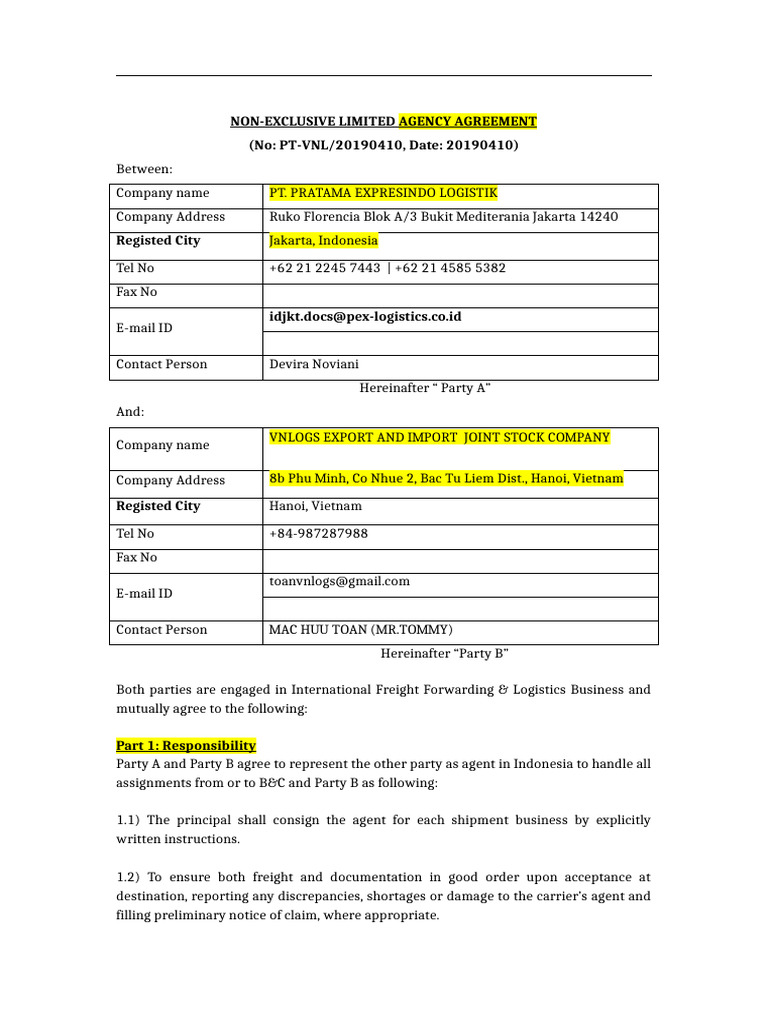 Agent agreement sample (1) | PDF | Cargo | Bill Of Lading