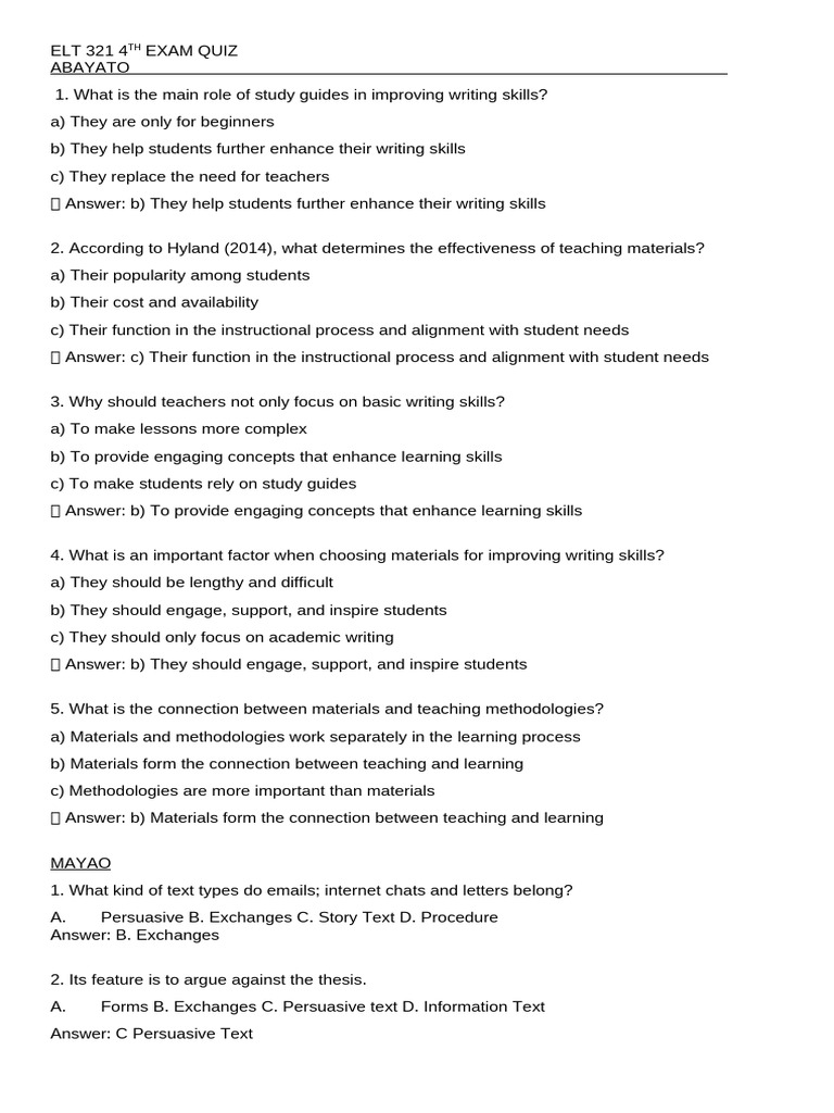 Elt 321 4TH Exam Coverage Quiz | PDF | Learning | Methodology
