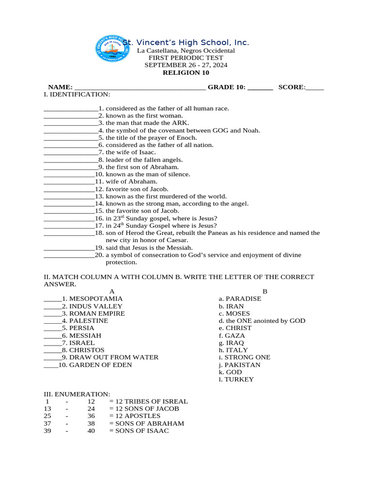 Religion 10 First Periodic Test 2024 | PDF | Jesus | Disciple ...