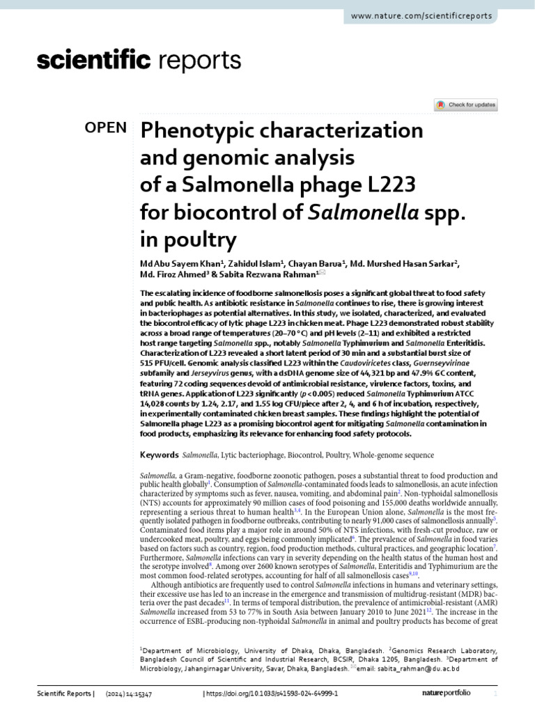 Phenotypic Characterization and Genomic Analysis of A Salmonella Phage L223 For Biocontrol of ...