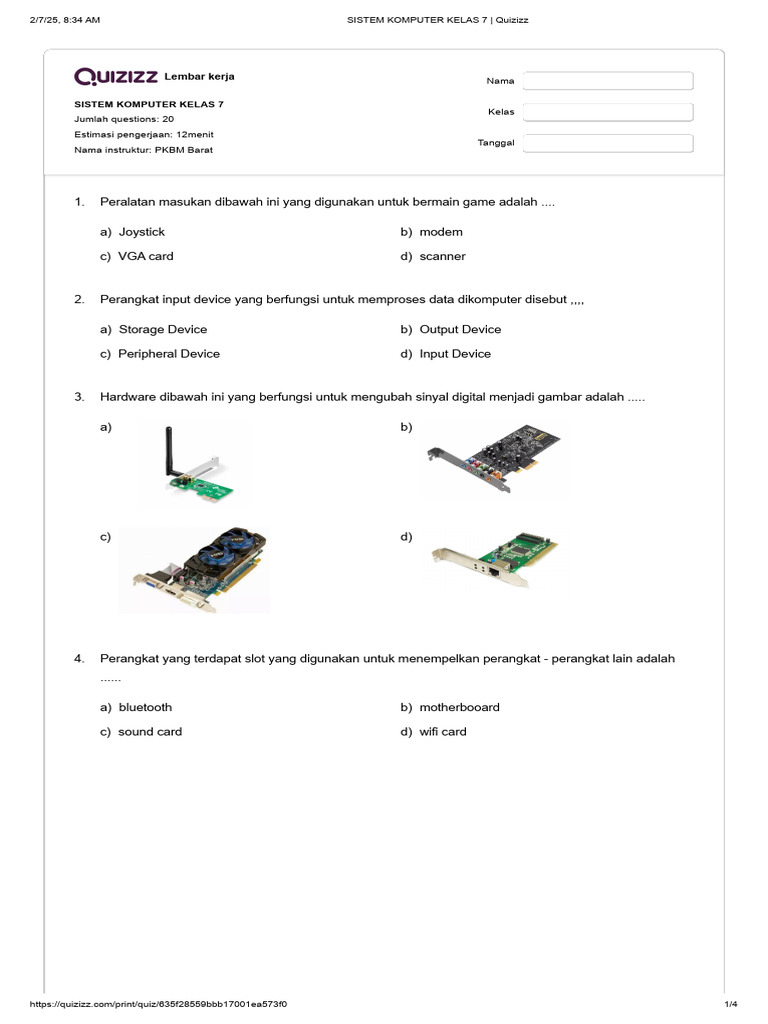 Sistem Komputer Kelas 7 - Quizizz | PDF