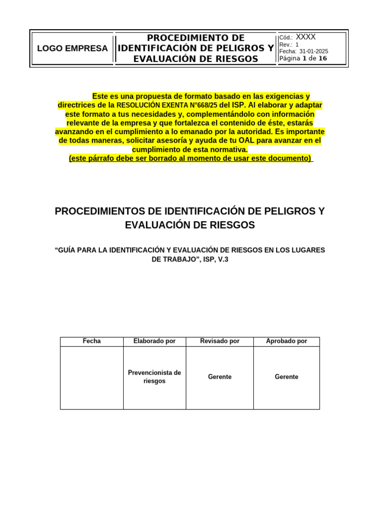 PTS Procedimiento IPER DS44 - GUÍA ISP. V3 - RESOLUCIÓN 668/25 | PDF | Riesgo | Evaluación de ...