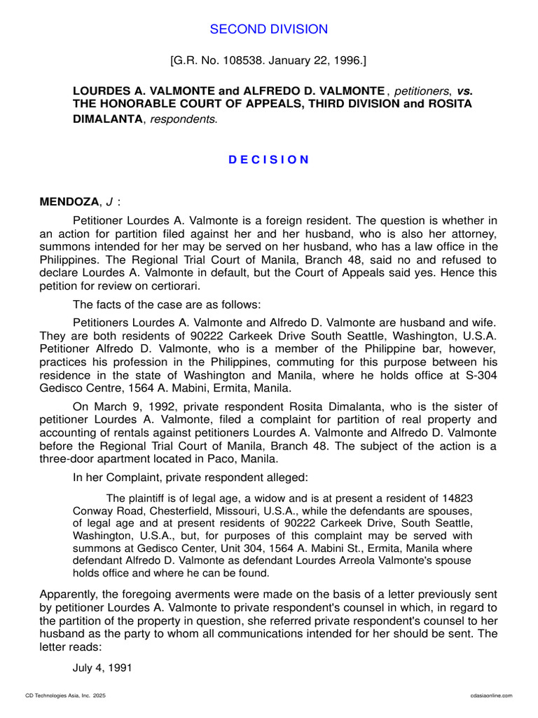 Spouses Valmonte v. Court of Appeals | PDF | Lawsuit | In Rem Jurisdiction