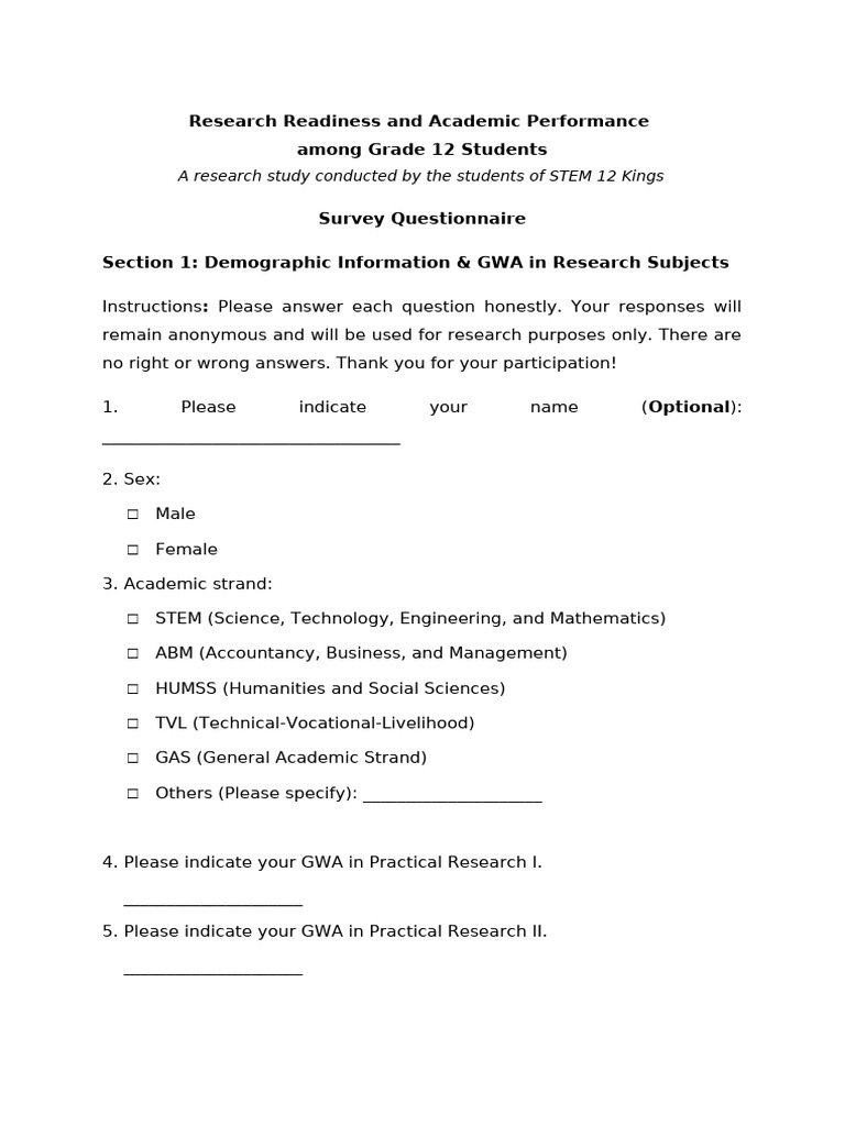 Research Survey Questionnaire | PDF | Procedural Knowledge | Scientific ...