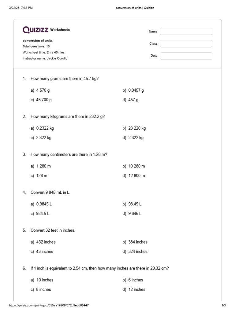 Conversion of Units - Quizizz | PDF | Kilogram | Inch