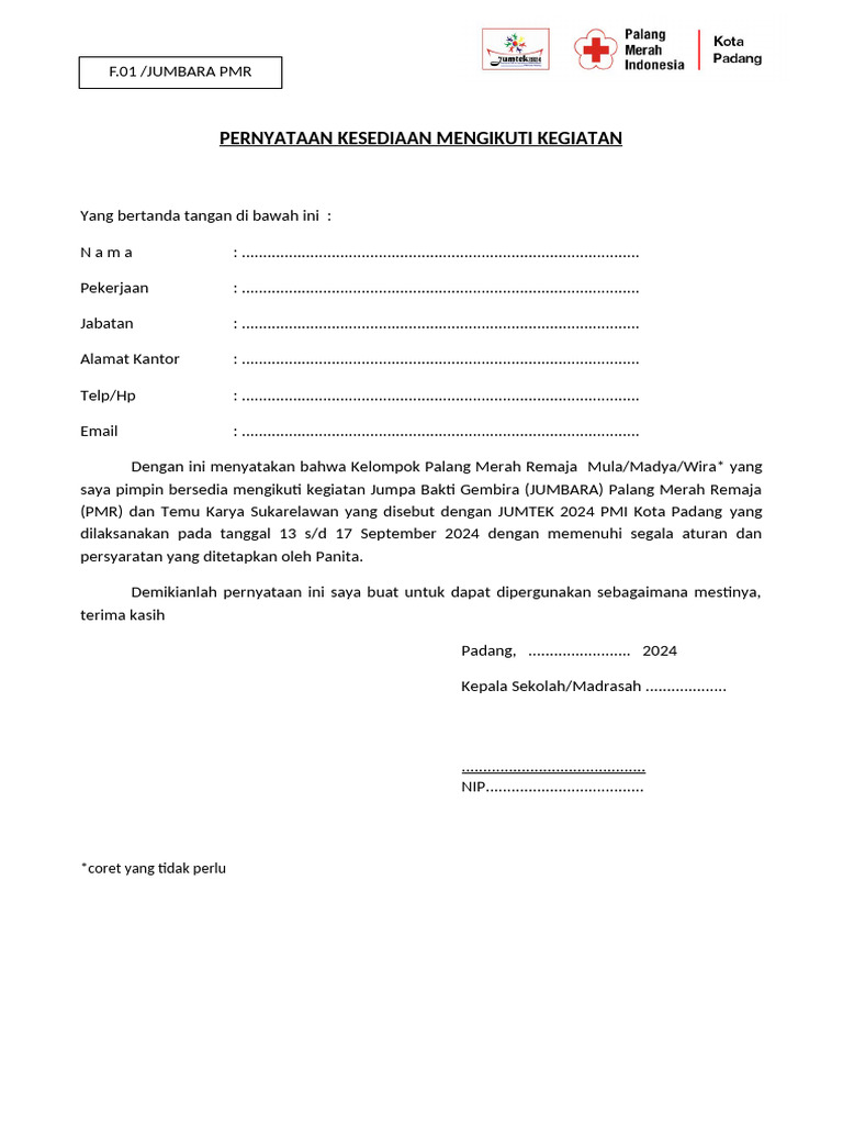 Pernyataan Kesediaan Jumbara PMR 2024 | PDF