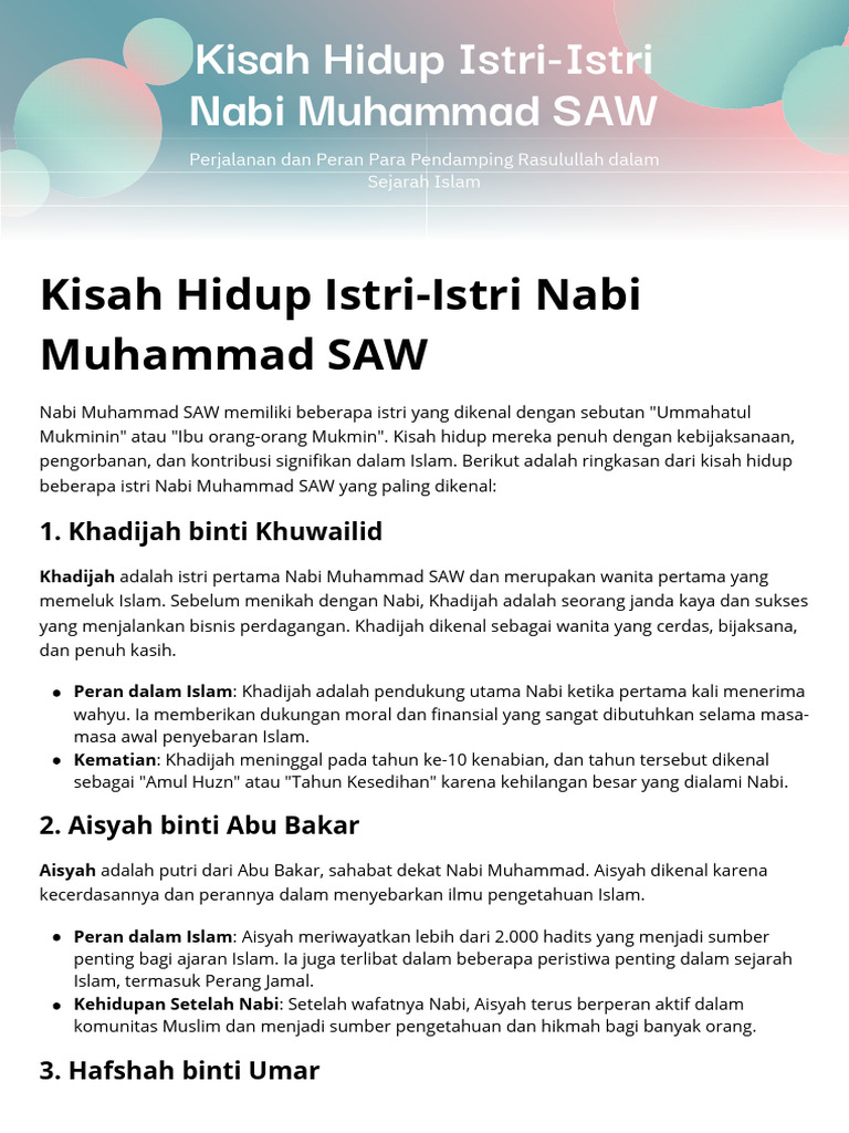 Kisah Hidup Istri-Istri Nabi Muhammad SAW | PDF
