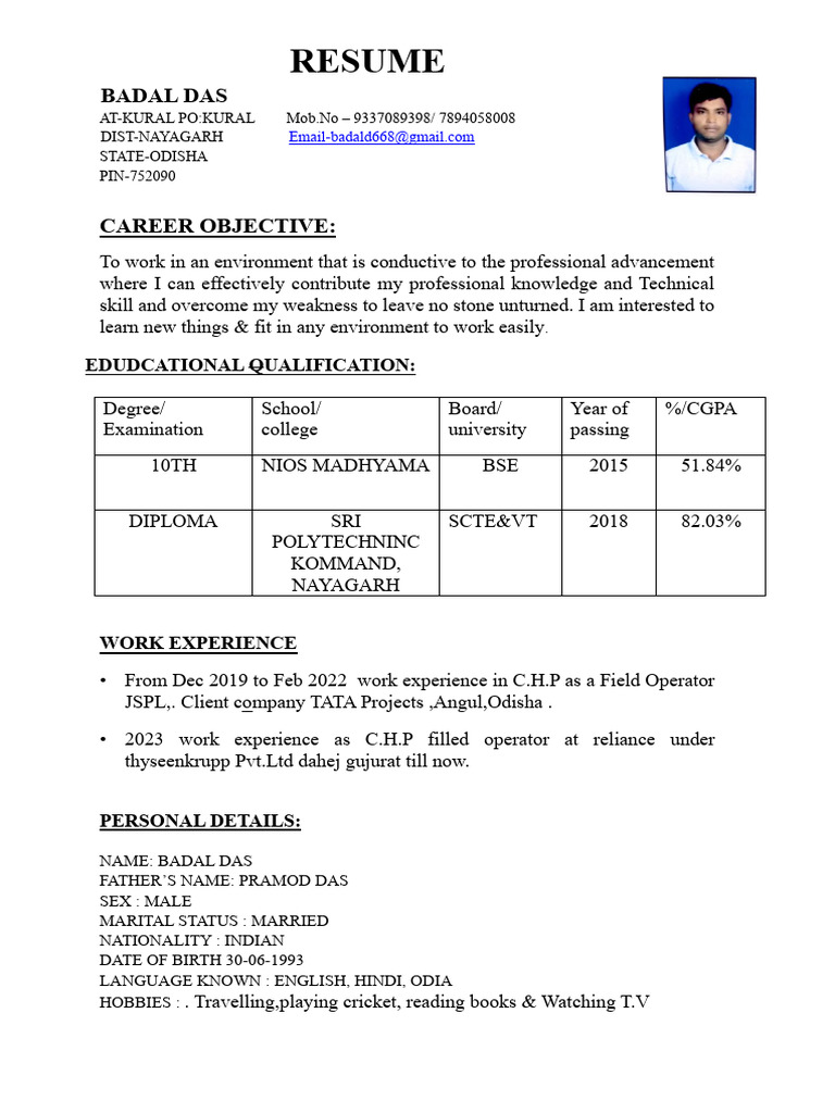 Badal Das: Resume and Career Overview | PDF