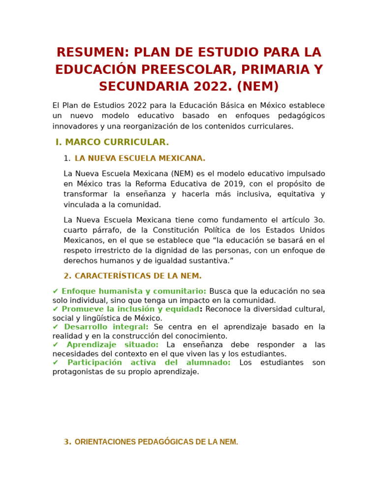 Resumen Plan de Estudios 2022 | PDF | Plan de estudios | Enseñando