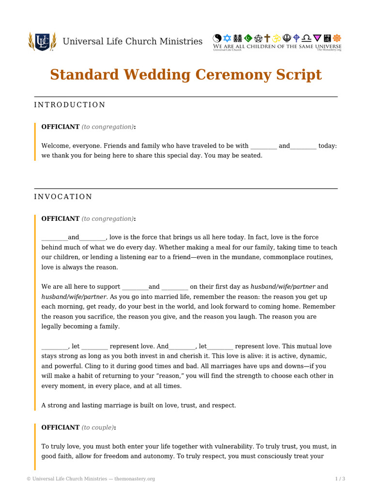 Standard Wedding Ceremony Script | PDF | Wife | Marriage