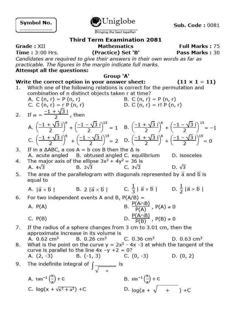 0081 Mathematics Practice Set B | PDF | Matrix (Mathematics) | Sphere