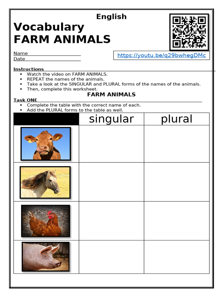 Farm Animals Vocabulary and Plural | PDF