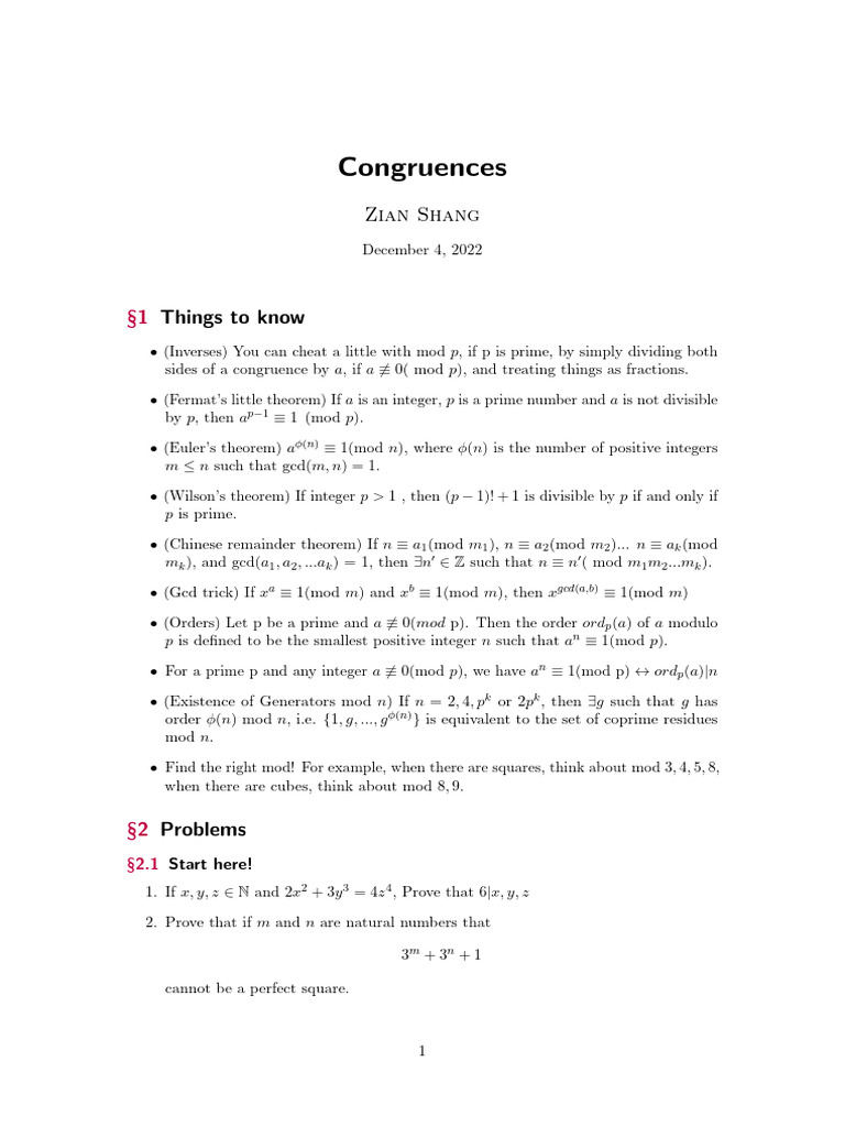 Congruences S Shang Dec22 | PDF | Mathematics | Arithmetic