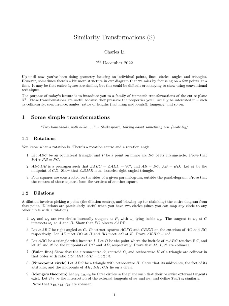 Similarity Transformations S Li Dec22 | PDF | Triangle | Euclidean Geometry