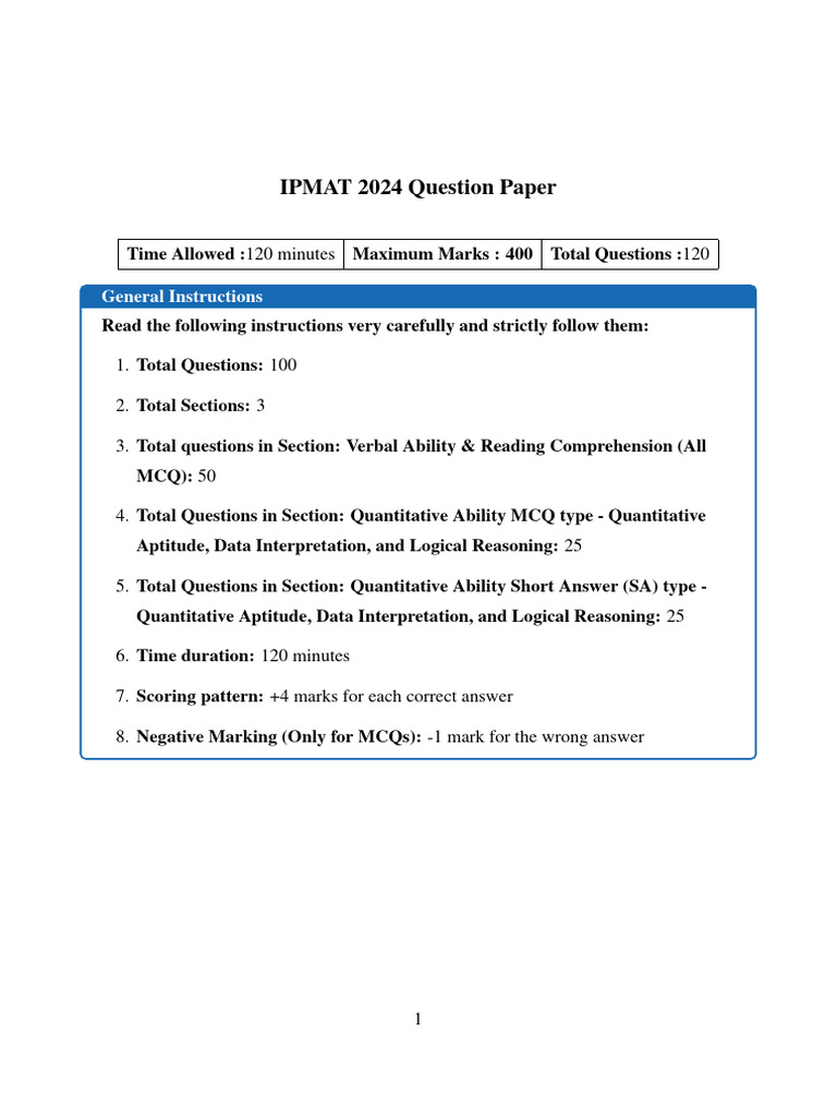 IPMAT 2024 Question Paper Overview | PDF | Inequality (Mathematics ...