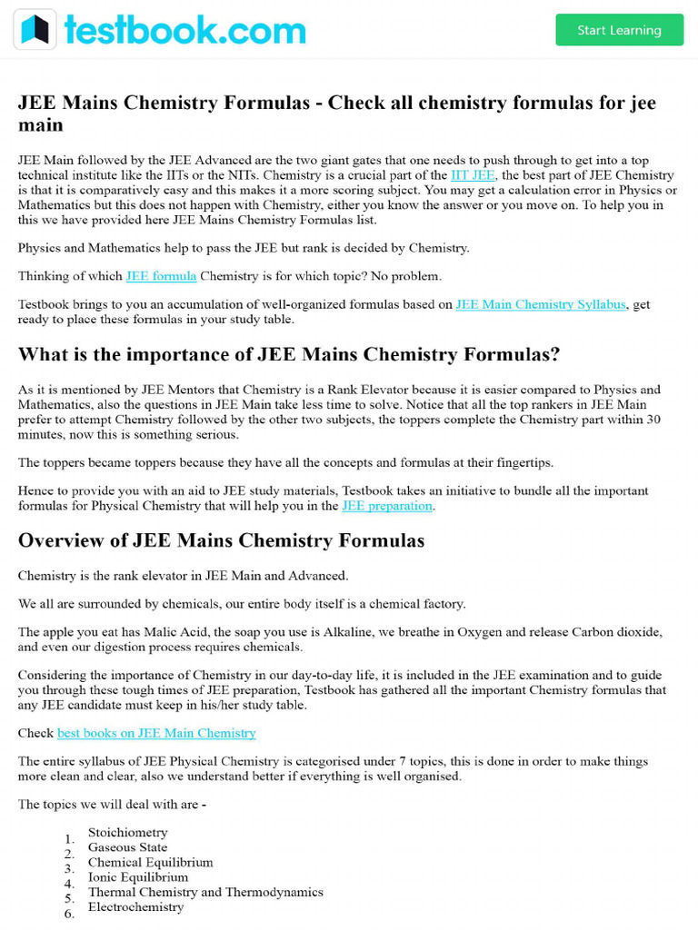JEE Mains Chemistry Formulas - Check All Chemistry Formulas For Jee ...