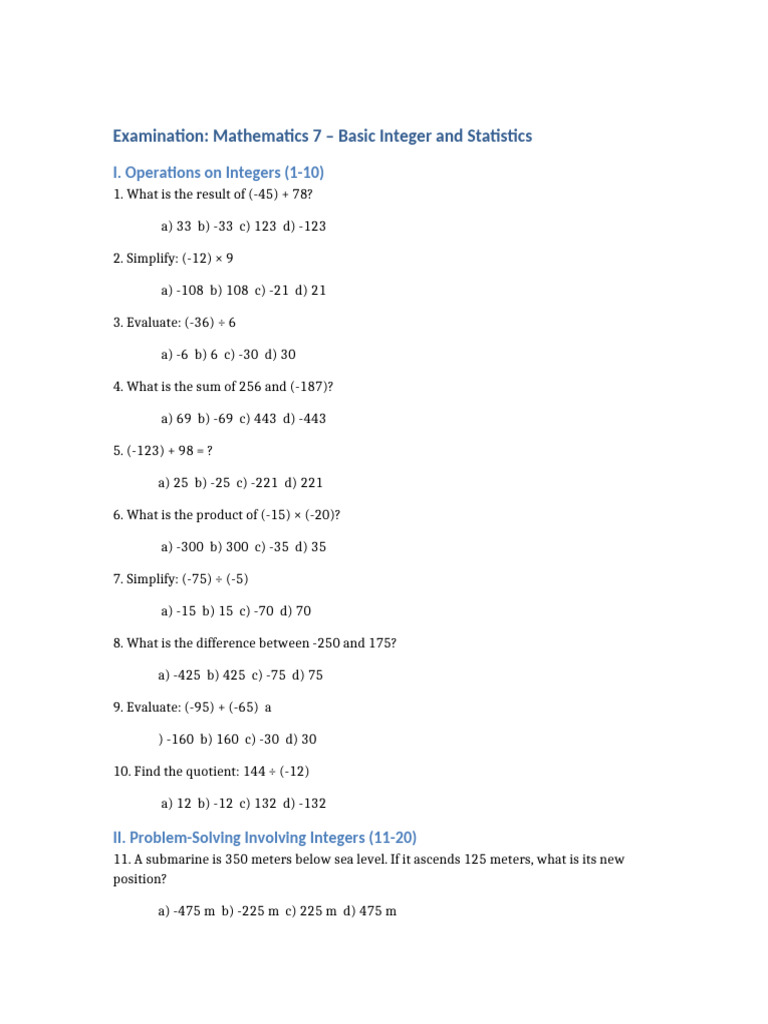 Grade 7 Mathematics Exam: Integers & Stats | PDF | Level Of Measurement