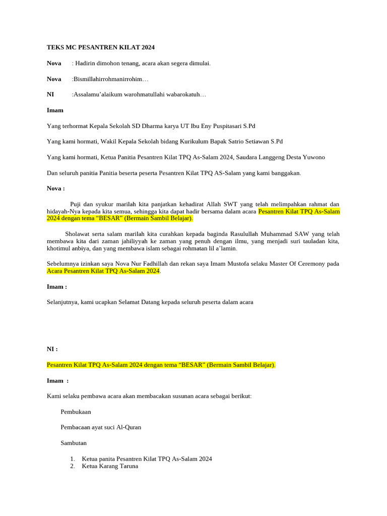 TEKS MC PESANTREN KILAT 2024 | PDF