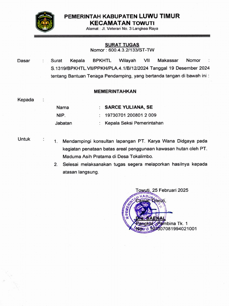 Surat Perintah Tugas Pendamping Kecamatan Towuti - TBT PT MAP | PDF