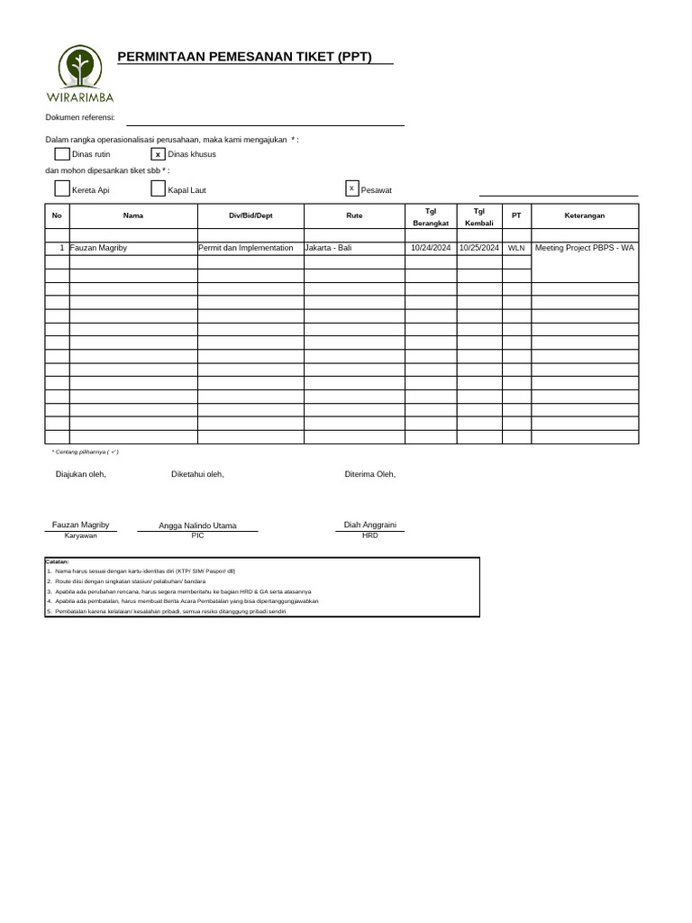 Form Permintaan Tiket - (Bali) PBPSWA | PDF
