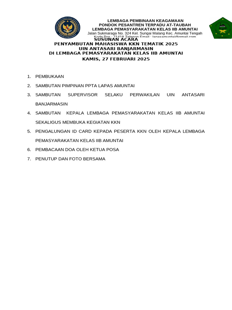 Susunan acara penyambutan mahasiswa kkn 2025 | PDF