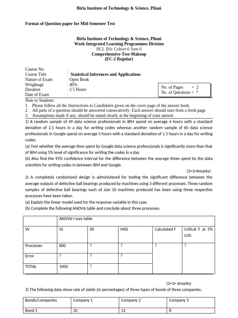 Statistical Inferences and Applications-Comprehensive Exam Qp-Cohort 6 - Makeup | PDF ...