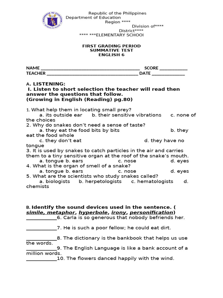English 1ST Summative Test | PDF