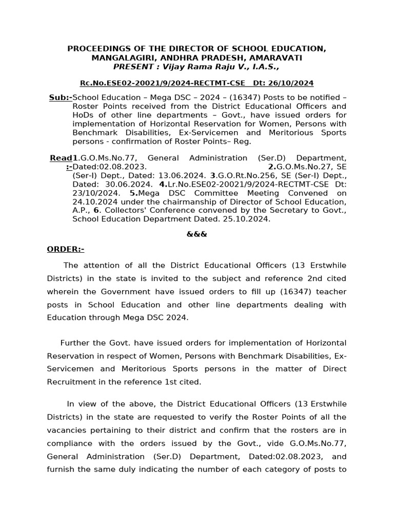 Mega DSC 2024 Vacancies Roster Points Confirmation Orders | PDF