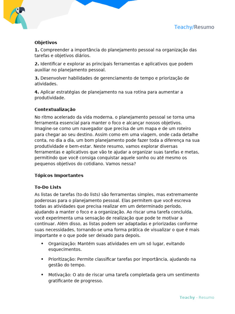 Resumos Sobre Ferramentas de Planejamento | PDF | Planejamento | Tempo