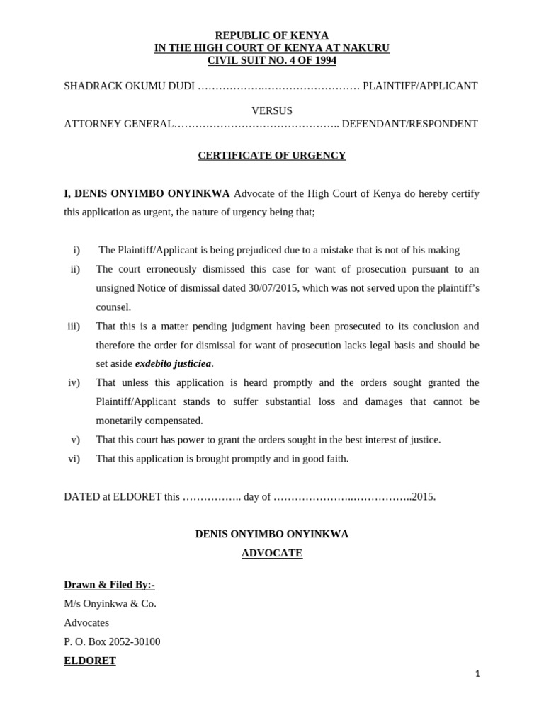 Notice of Motion Shadrac Okumu Dudi | PDF | Lawsuit | Judgment (Law)