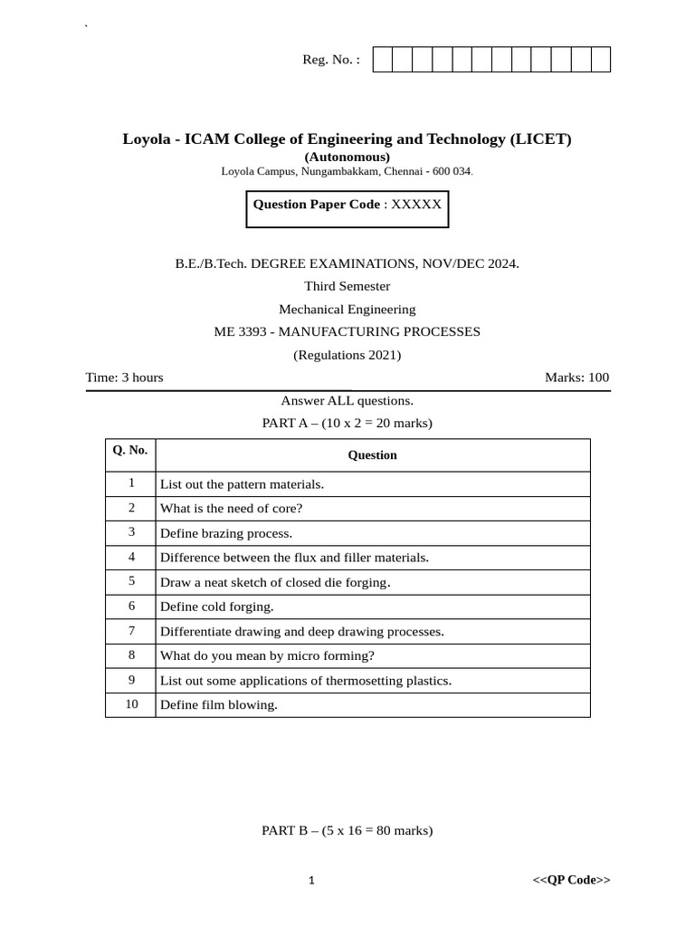 ME 3393 Manufacturing Processes Exam | PDF | Welding | Construction