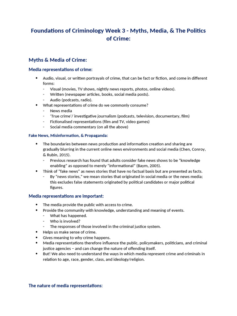 Foundations of Criminology Week 3 - Myths, Media, & The Politics of ...