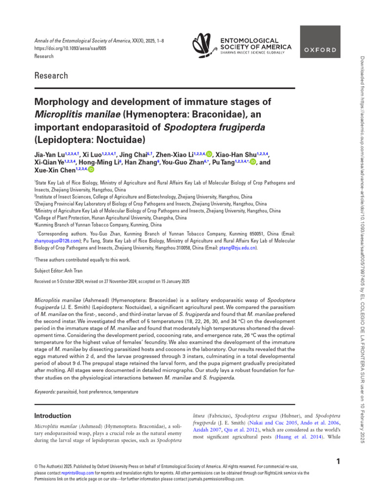 Morphology and Development of Immature Stages of Microplitis Manilae ...