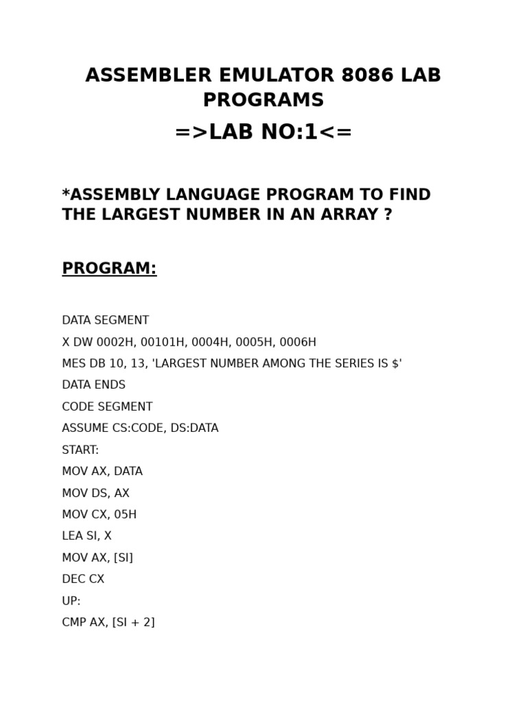 ASSEMBLER EMULATOR LAB PROGRAMS WITH EXPLANATION.PDF | PDF