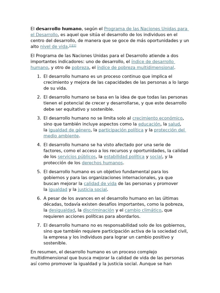 Concepto de Desarrollo Humano | PDF | Ciencias Políticas | Educación en ...