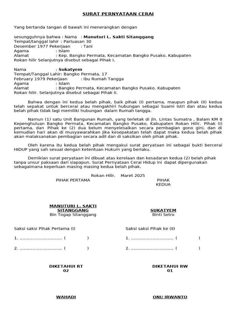 Surat Pernyataan Cerai New | PDF