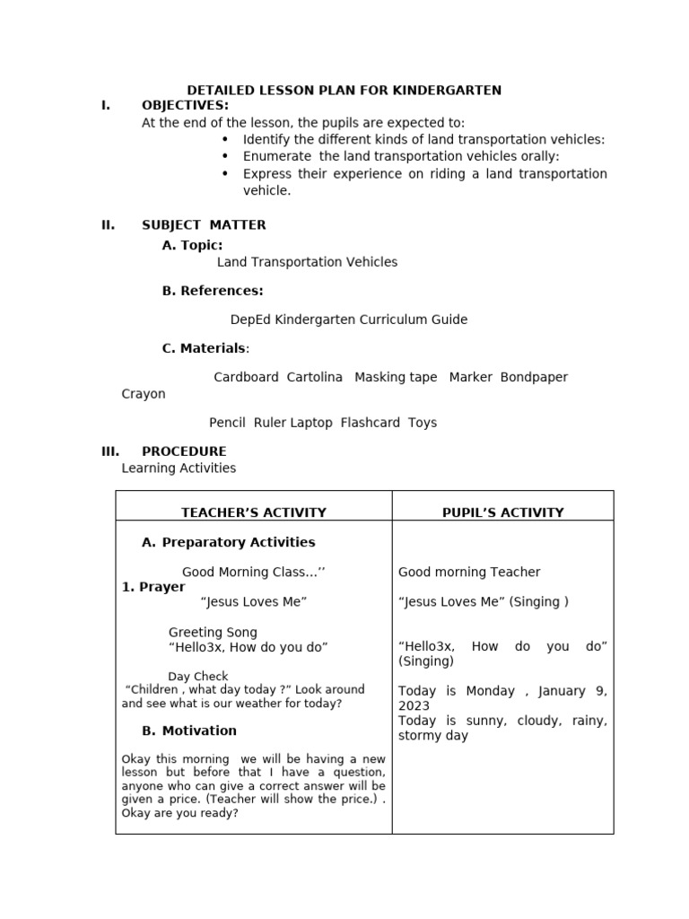Kindergarten Lesson Plan: Land Transportation | PDF