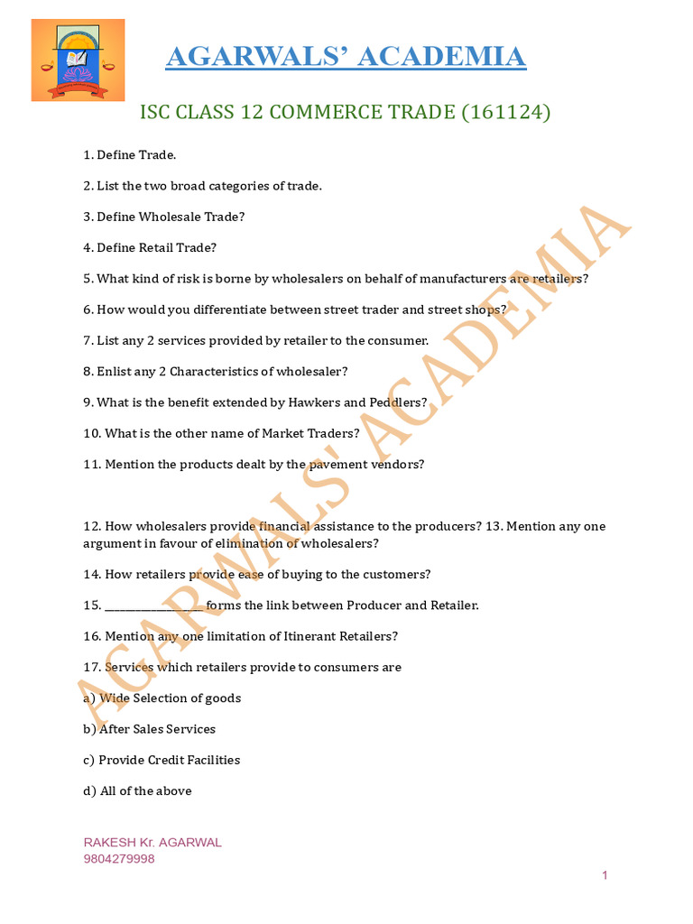 ISC Class 12 Retail Trade Overview | PDF