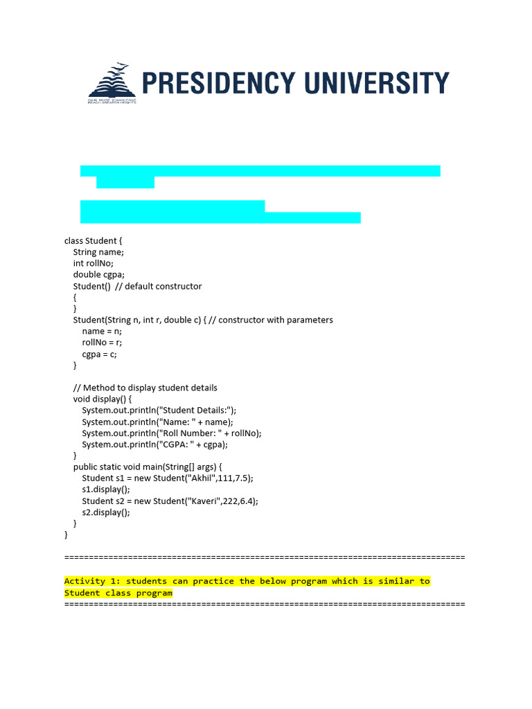 Labsheet 2.2 CSE1006-Problem Solving Using JAVA Module-2 | PDF | Constructor (Object Oriented ...