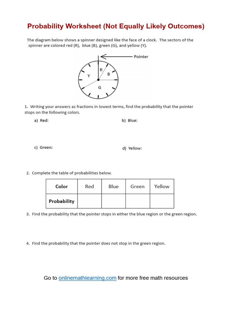 Probability Worksheet: Spinner Outcomes | PDF