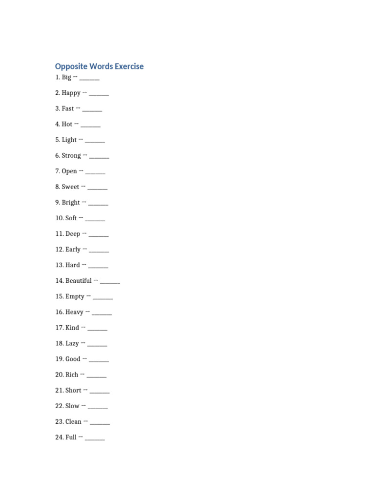 Opposite Words Exercise List | PDF