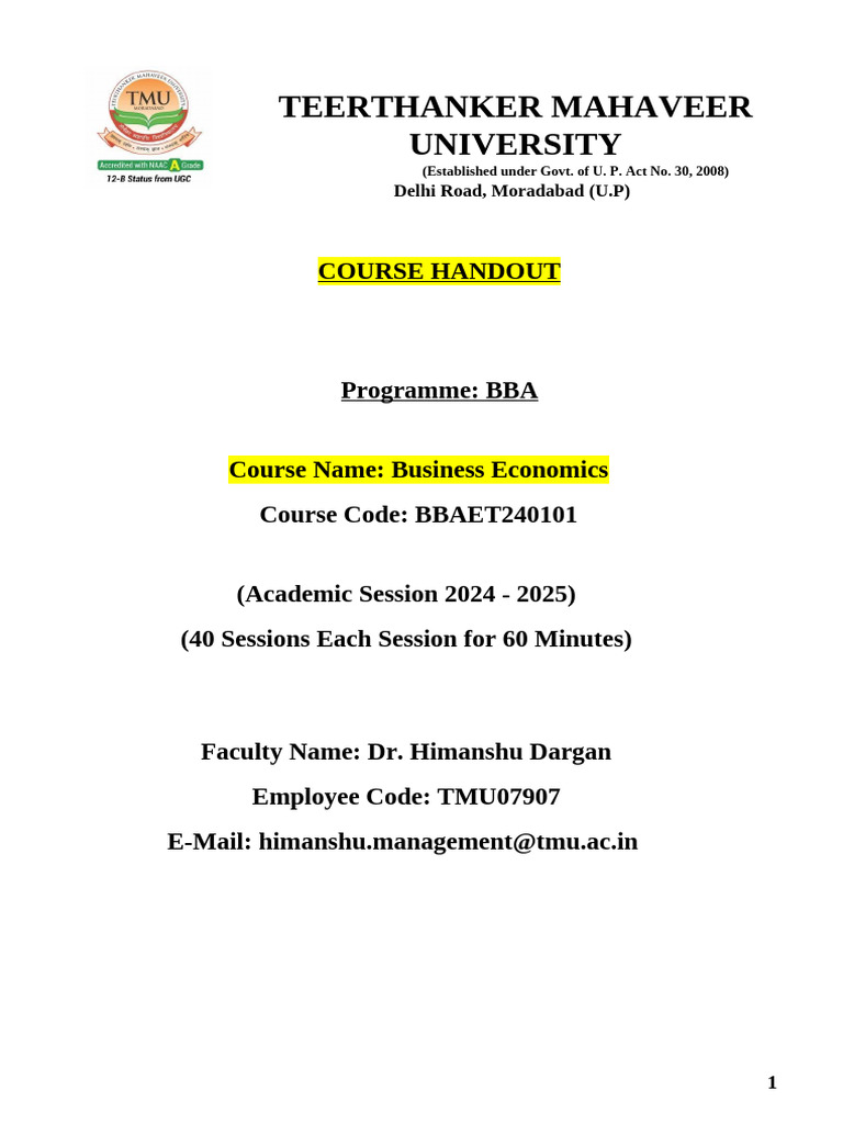 Business Economics Course Handout 2024-25 | PDF | Demand | Utility