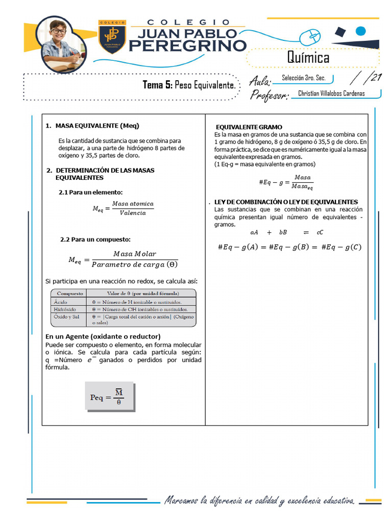 Resumen 5_Sel3_TEMA 5_PESO EQUIVALENTE_QUIMICA_VILLALOBOS | PDF
