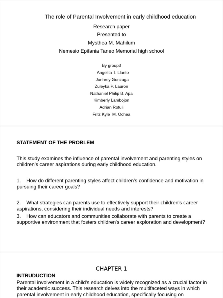 Group 3 The Role of Parental Involvement in Early Childhood Education ...