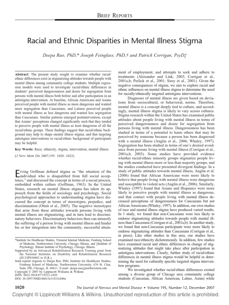 Racial and Ethnic Differences in Mental Stigma | PDF | Social Stigma ...