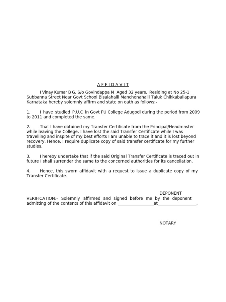 Affidavit For Obtaining Duplicate Copy of Transfer - 250122 - 142009 | PDF