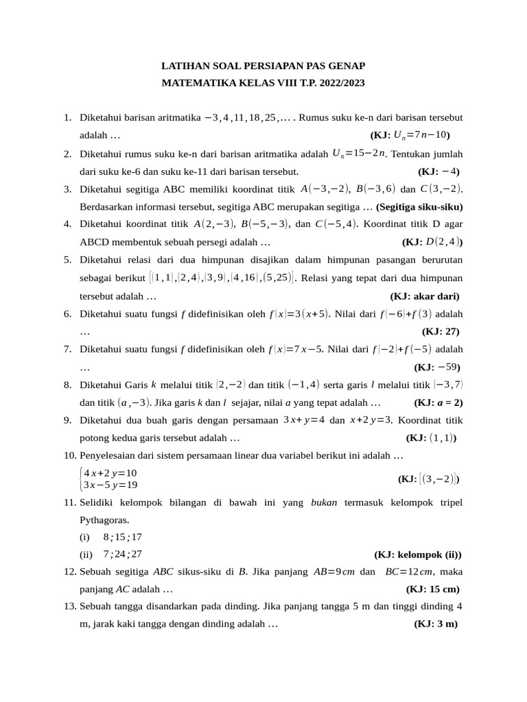 Latihan Soal Persiapan PAS Genap Matematika TP 2022-2023 | PDF